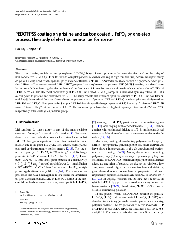 (PDF) PEDOT:PSS coating on pristine and carbon coated LiFePO4 by one-step process: the study of ...