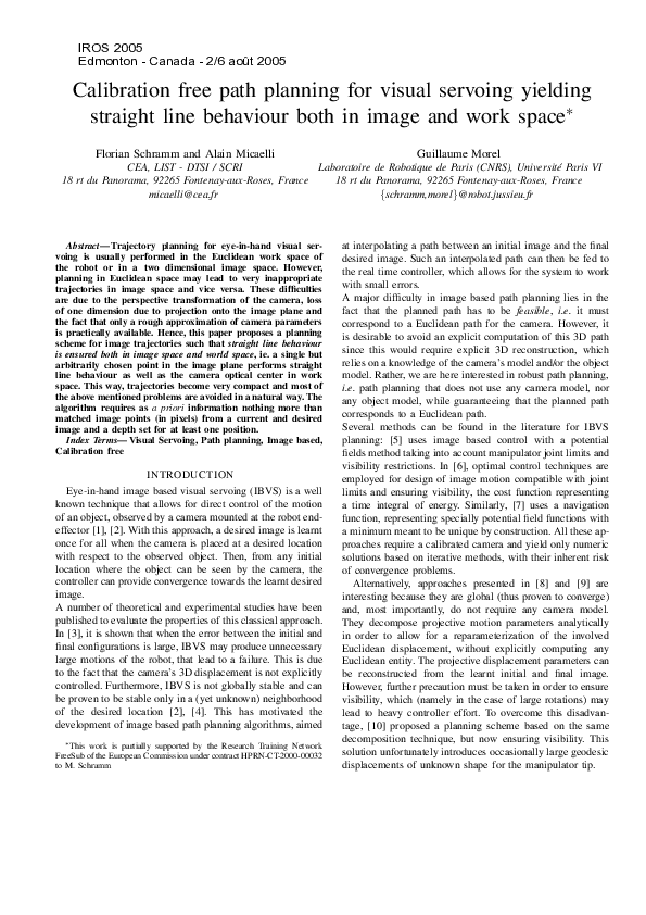 (PDF) Calibration free path planning for visual servoing yielding straight line behaviour both ...
