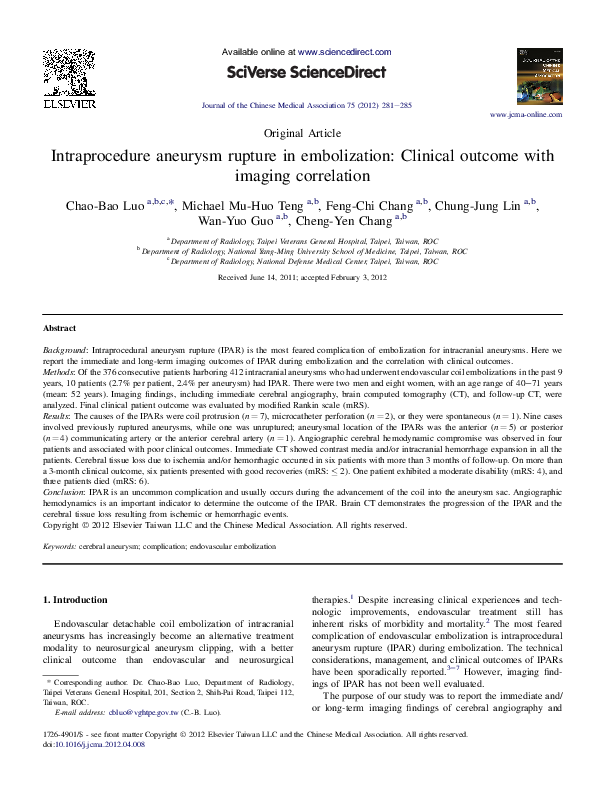 (PDF) Intraprocedure aneurysm rupture in embolization: Clinical outcome ...