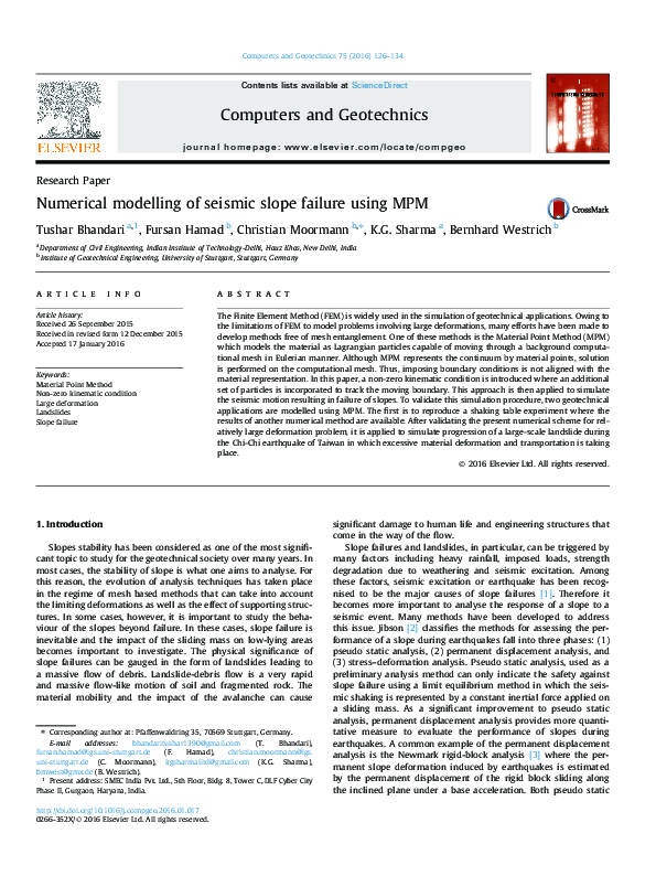 (PDF) Numerical modelling of seismic slope failure using MPM