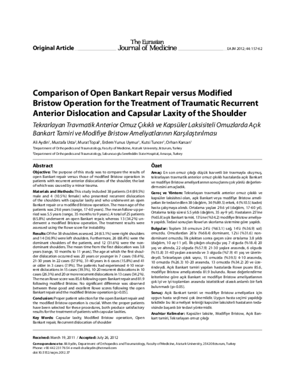 (PDF) Comparison of Open Bankart Repair versus Modified Bristow ...
