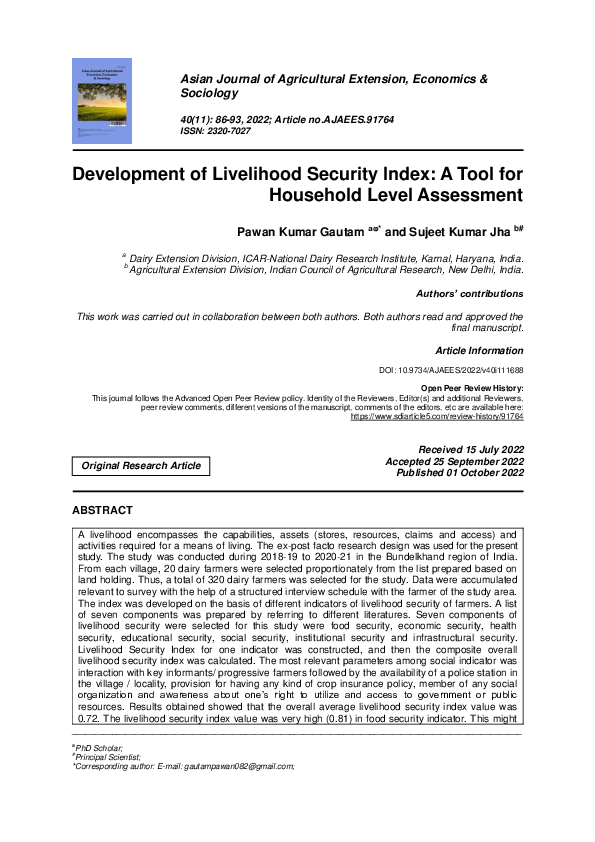 (PDF) Development of Livelihood Security Index: A Tool for Household ...