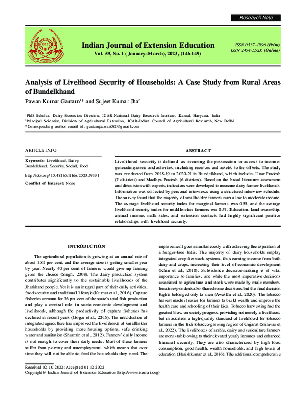 (PDF) Analysis of Livelihood Security of Households: A Case Study from Rural Areas of Bundelkhand
