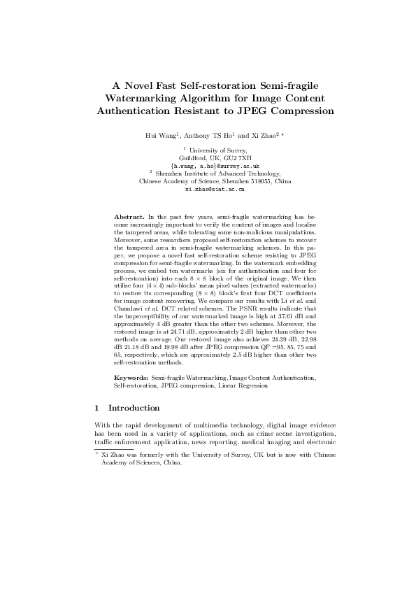 Pdf A Novel Fast Self Restoration Semi Fragile Watermarking Algorithm For Image Content