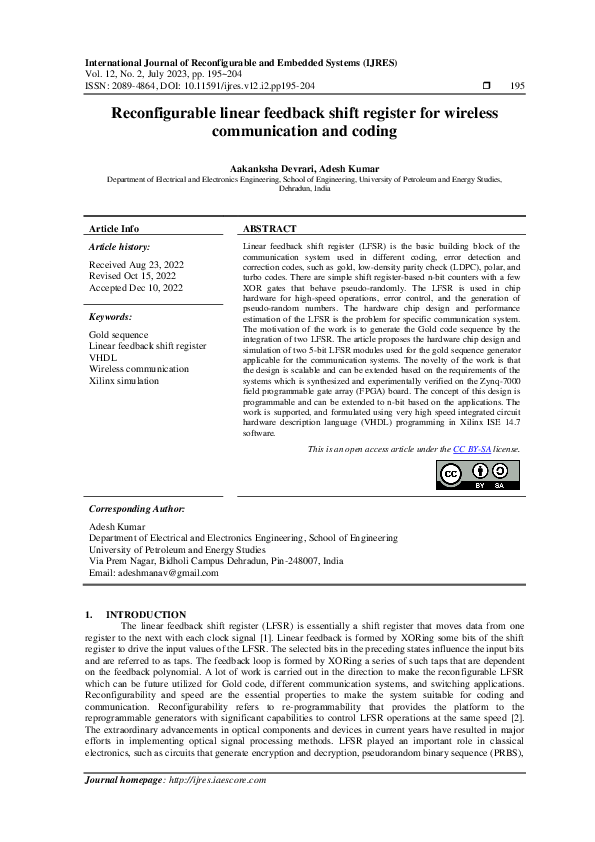 Pdf Reconfigurable Linear Feedback Shift Register For Wireless Communication And Coding