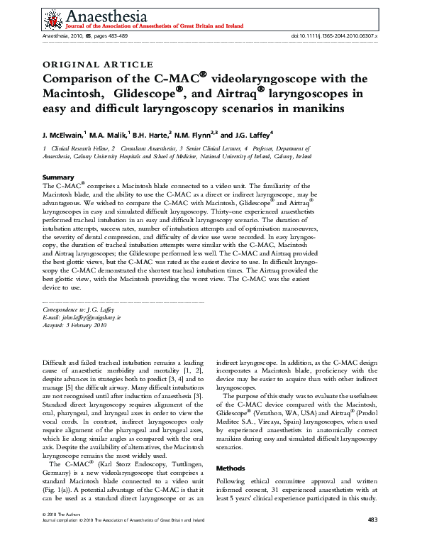 (PDF) Comparison of the C-MAC® videolaryngoscope with the Macintosh ...