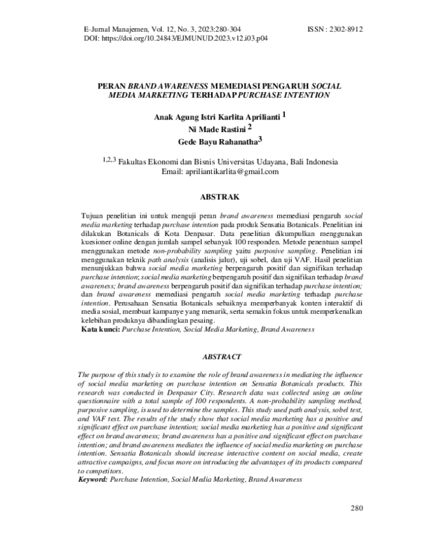 (PDF) Peran Brand Awareness Memediasi Pengaruh Social Media Marketing Terhadap Purchase Intention