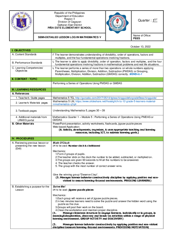 (PDF) Quarter : 1 ST SEMI-DETAILED LESSON LOG IN MATHEMATICS V Name of ...