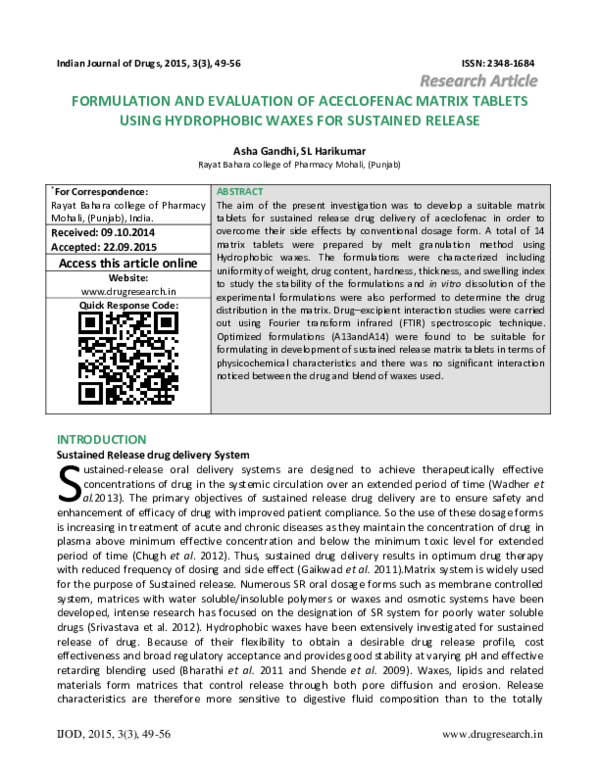 Pdf Formulation And Evaluation Of Aceclofenac Matrix Tablets Using Hydrophobic Waxes For