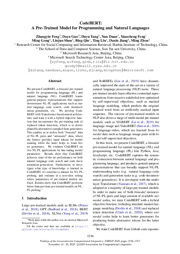 (PDF) CodeBERT: A Pre-Trained Model for Programming and Natural Languages