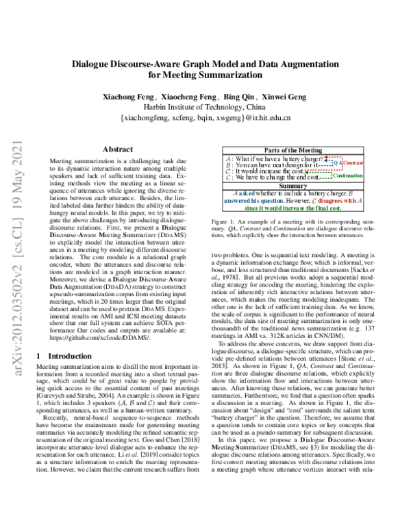 Pdf Dialogue Discourse Aware Graph Model And Data Augmentation For Meeting Summarization