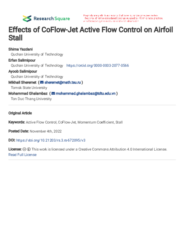 (PDF) Effects of CoFlow-Jet Active Flow Control on Airfoil Stall