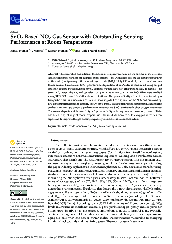 (PDF) SnO2-Based NO2 Gas Sensor with Outstanding Sensing Performance at ...