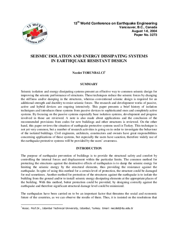 (PDF) Seismic Isolation and Energy Dissipating Systems in Earthquake Resistant Design