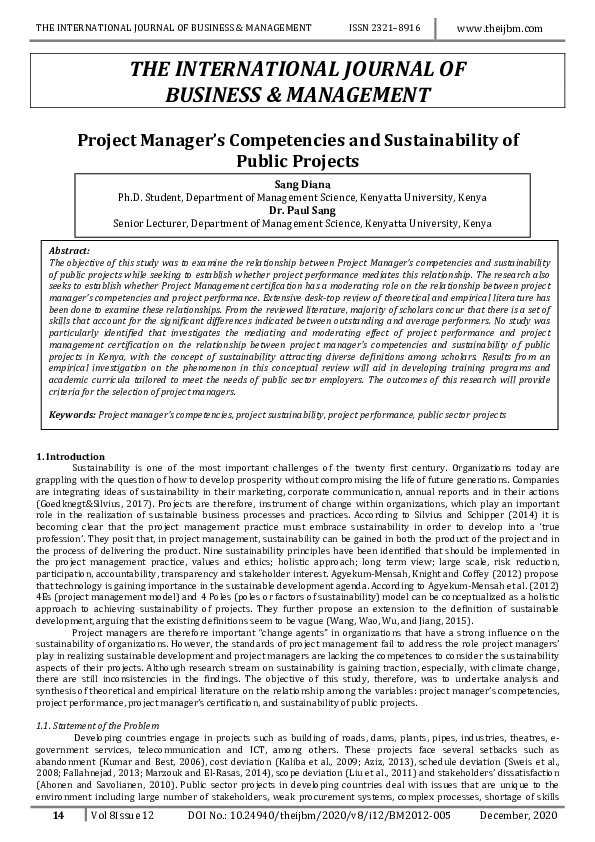(PDF) Project Manager’s Competencies and Sustainability of Public Projects