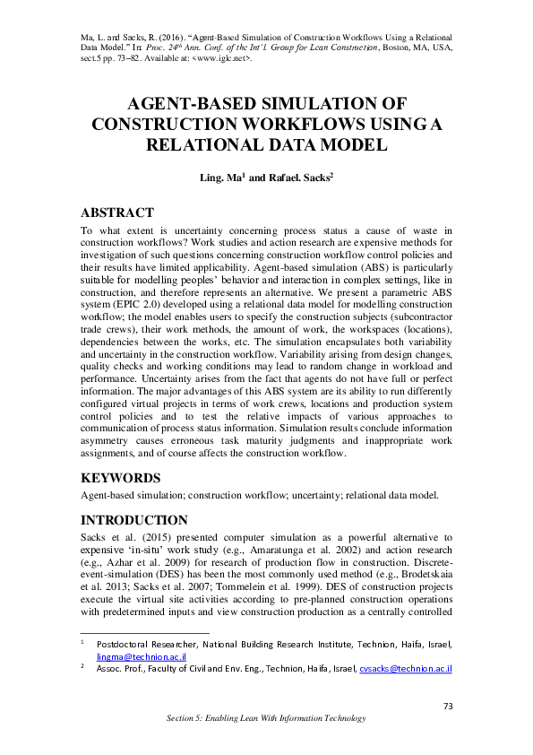 (PDF) Agent-based simulation of construction workflows using a relational data model