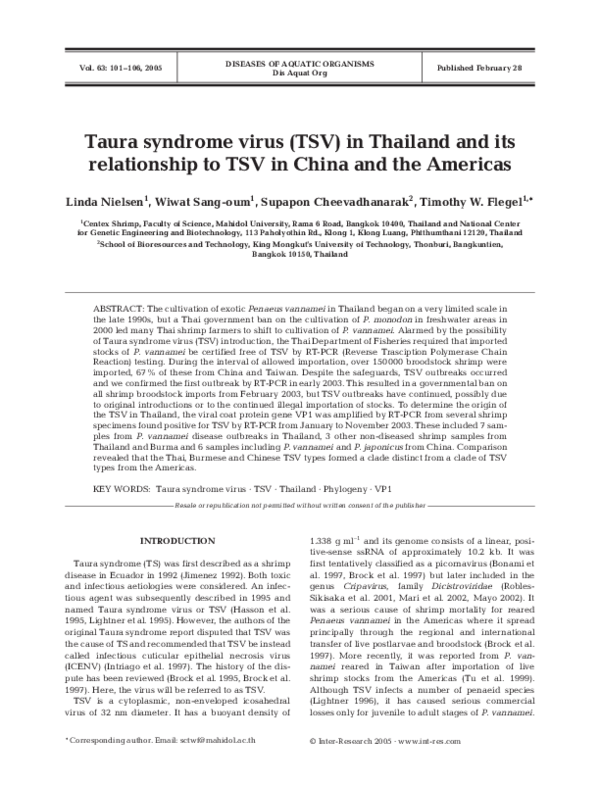 (PDF) Taura syndrome virus (TSV) in Thailand and its relationship to ...