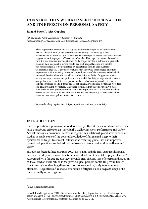 Pdf Construction Worker Sleep Deprivation And Its Effects On Personal