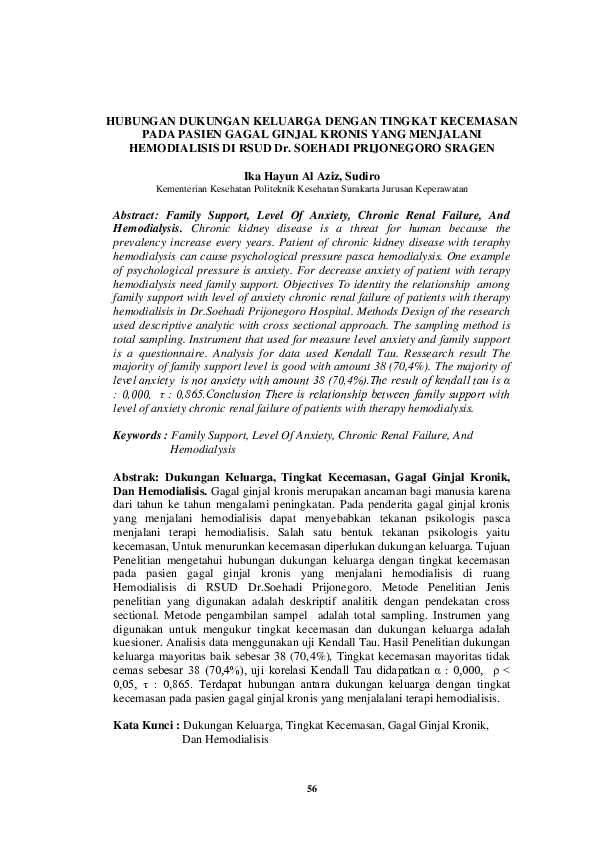 (PDF) Hubungan Dukungan Keluarga Dengan Tingkat Kecemasan Pada Pasien Gagal Ginjal Kronis Yang ...