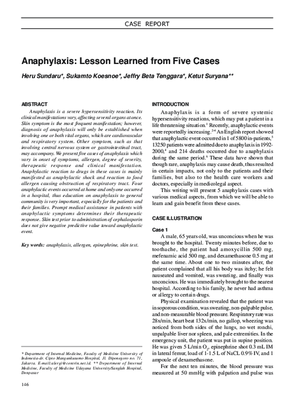 (PDF) Anaphylaxis: lesson learned from five cases | sukamto koesnoe ...