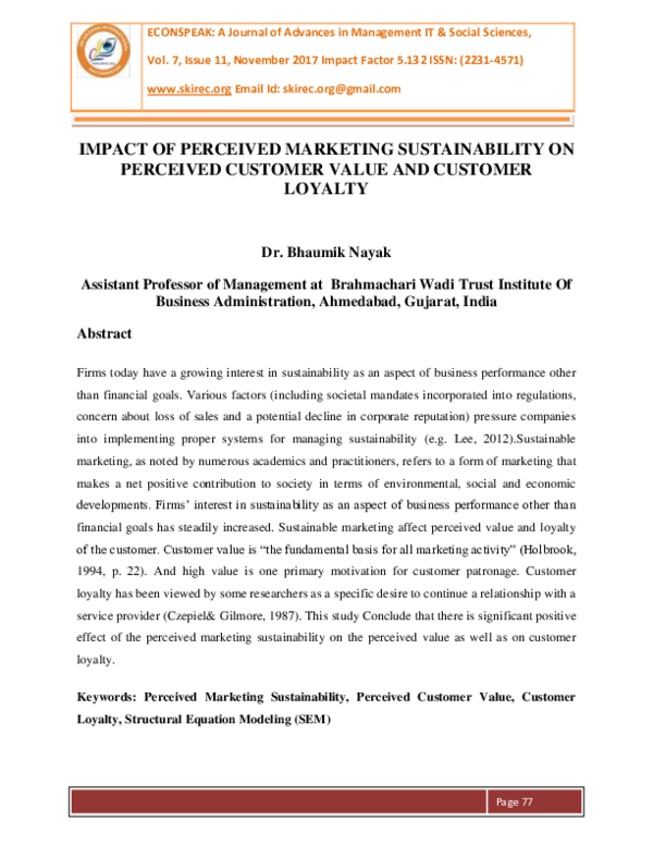 (PDF) IMPACT OF PERCEIVED MARKETING SUSTAINABILITY ON PERCEIVED CUSTOMER VALUE AND CUSTOMER LOYALTY
