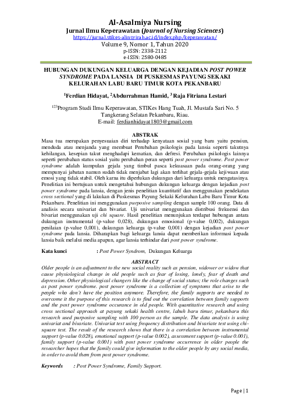 (PDF) Hubungan Dukungan Keluarga Dengan Kejadian Post Power Syndrome Pada Lansia DI Puskesmas ...