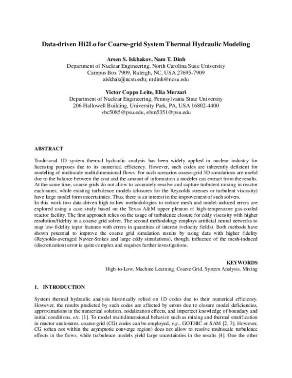 (PDF) Data-driven Hi2Lo for Coarse-grid System Thermal Hydraulic Modeling