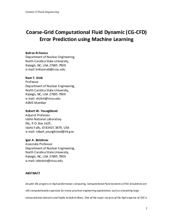 (PDF) Coarse-Grid Computational Fluid Dynamic (CG-CFD) Error Prediction using Machine Learning