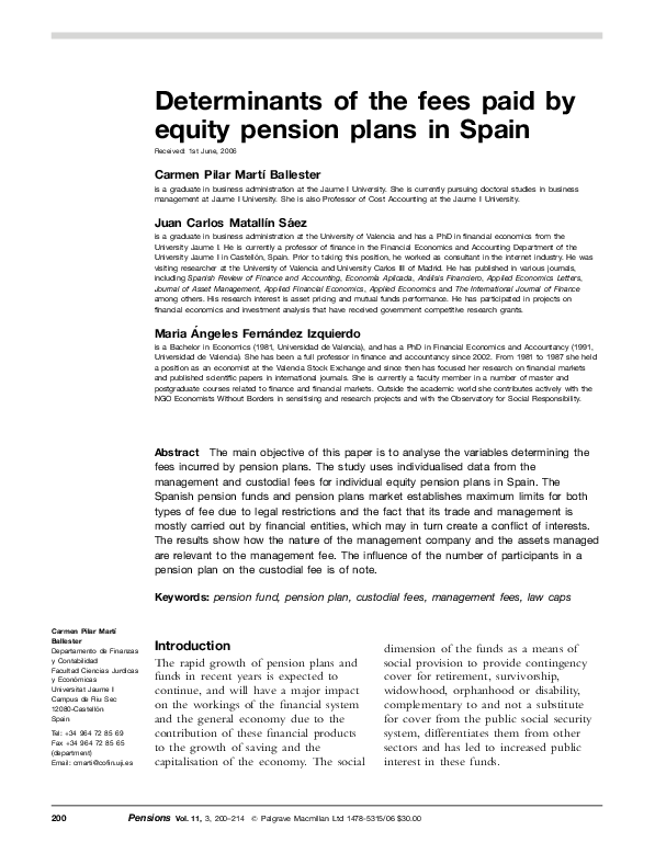 (PDF) Determinants of the fees paid by equity pension plans in Spain