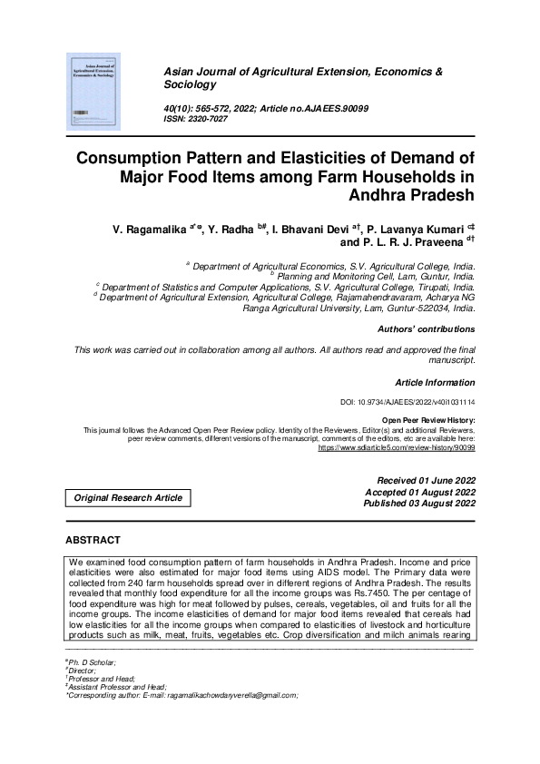 (PDF) Consumption Pattern and Elasticities of Demand of Major Food Items among Farm Households ...