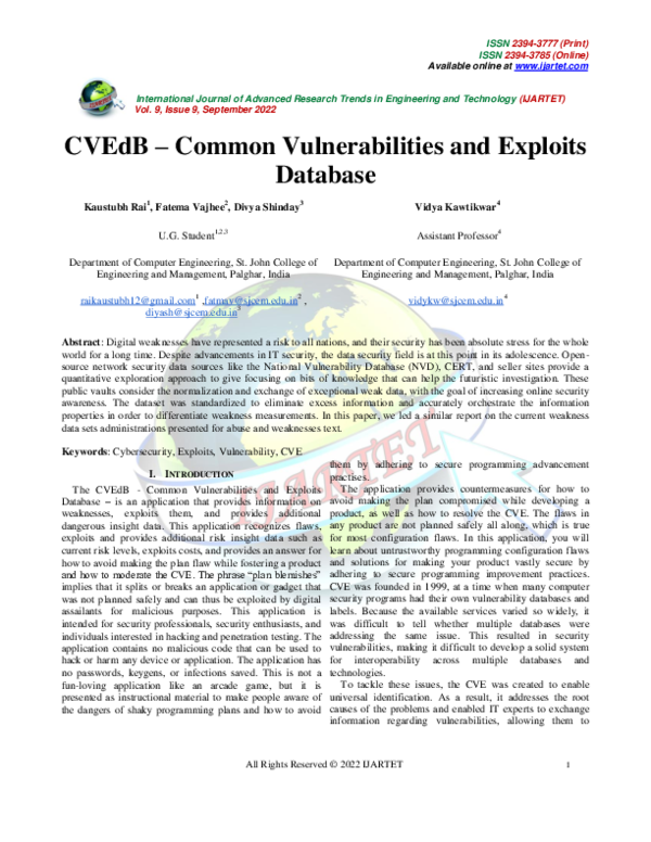 (PDF) CVEdB -Common Vulnerabilities and Exploits Database