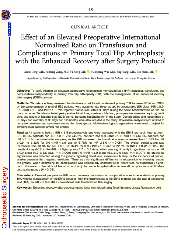 (PDF) Effect of an Elevated Preoperative International Normalized Ratio ...