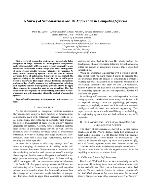 (PDF) A Survey of Self-Awareness and Its Application in Computing Systems