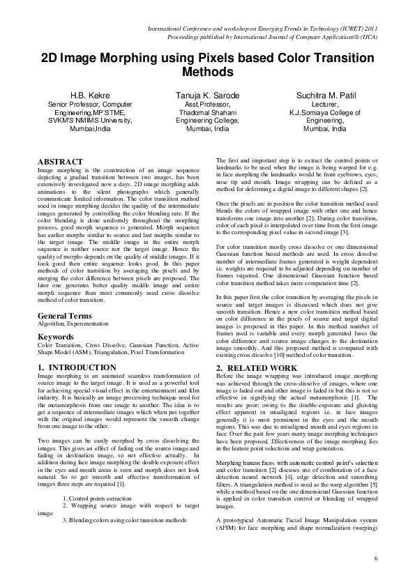 (PDF) 2D Image Morphing using Pixels based Color Transition Methods}