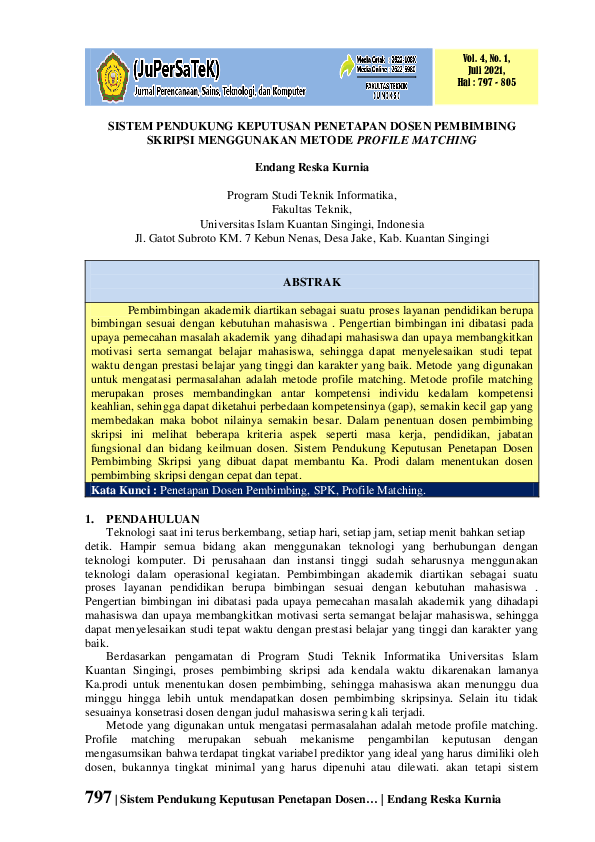 (PDF) Sistem Pendukung Keputusan Penetapan Dosen Pembimbing Skripsi Menggunakan Metode Profile ...