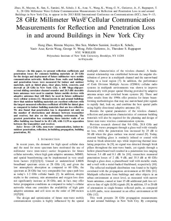 (PDF) 28 GHz millimeter wave cellular communication measurements for ...