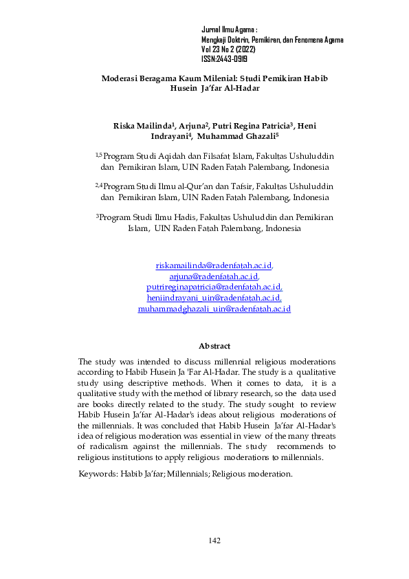 (PDF) Moderasi Beragama Kaum Milenial: Studi Pemikiran Habib Husein Ja’far Al-Hadar