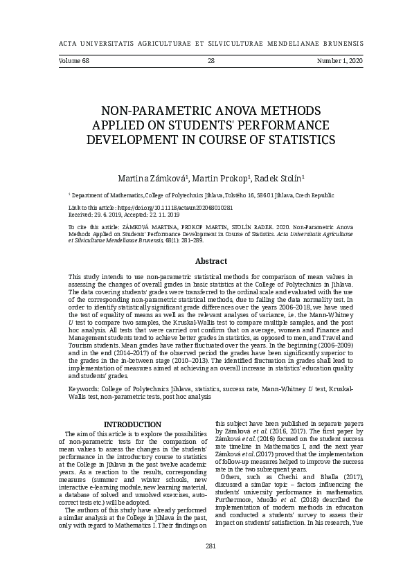 (PDF) Non-Parametric Anova Methods Applied on Students' Performance Development in Course of ...