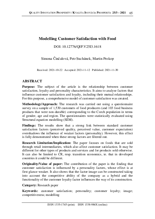 (PDF) Modelling Customer Satisfaction with Food