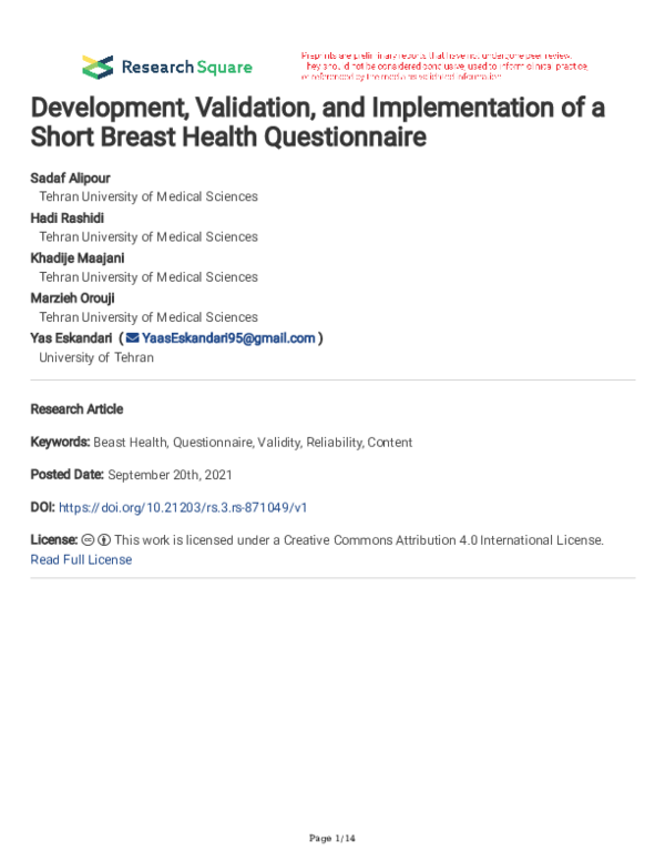 (PDF) Development, Validation, and Implementation of a Short Breast Health Questionnaire