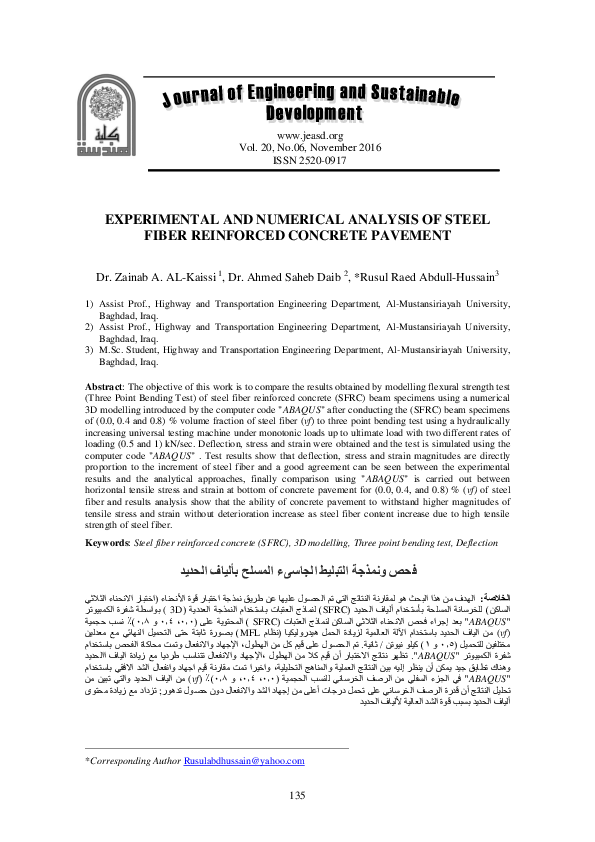 Pdf Experimental And Numerical Analysis Of Steel Fiber Reinforced Concrete Pavement