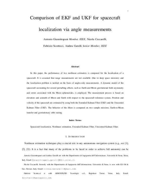 (PDF) Comparison of EKF and UKF for Spacecraft Localization via Angle Measurements