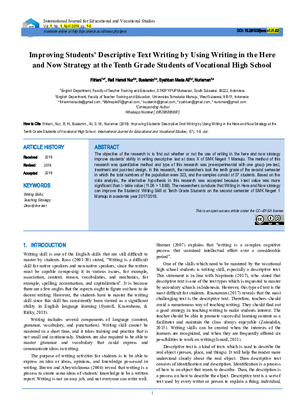 (DOC) Improving Students' Descriptive Text Writing by Using Writing in the Here and Now Strategy ...