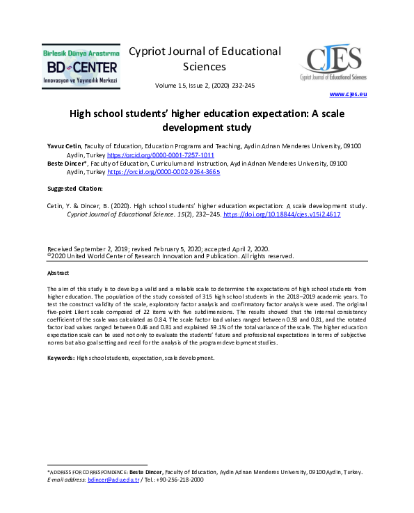 (PDF) High school students’ higher education expectation: A scale ...