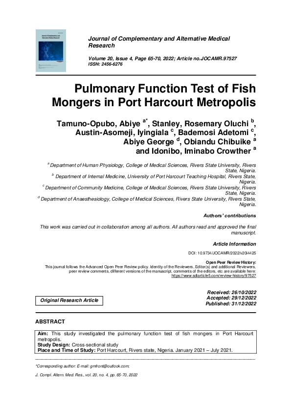 (PDF) Pulmonary Function Test of Fish Mongers in Port Harcourt Metropolis