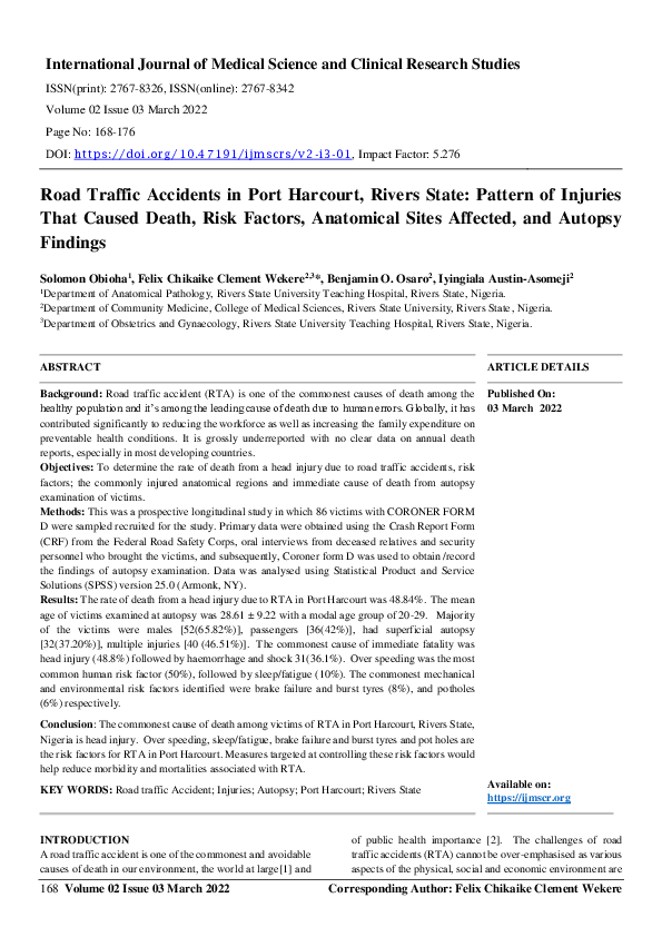 (PDF) Road Traffic Accidents in Port Harcourt, Rivers State: Pattern of ...