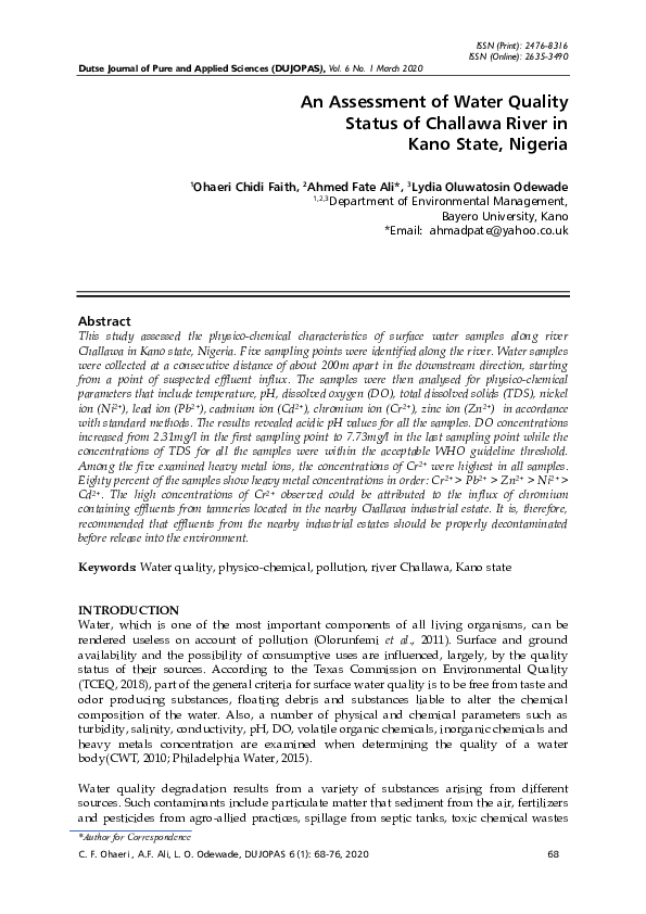 (PDF) An Assessment of Water Quality Status of Challawa River in Kano ...