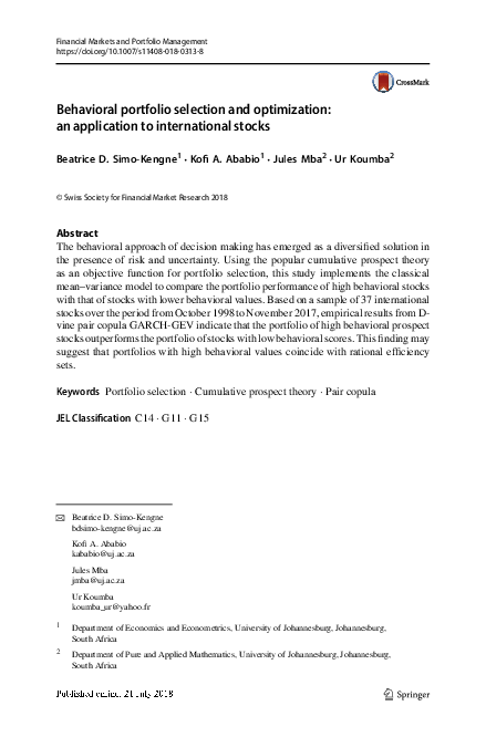 (PDF) Behavioral portfolio selection and optimization: an application ...