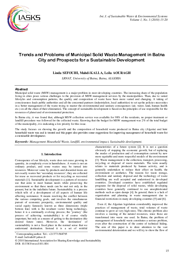 (PDF) Trends and Problems of Municipal Solid Waste Management in Batna ...