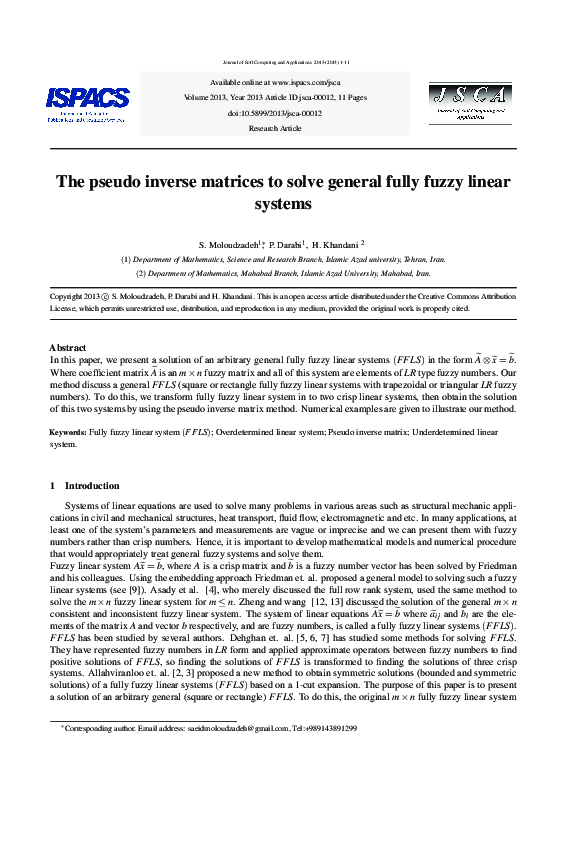 Pdf The Pseudo Inverse Matrices To Solve General Fully Fuzzy Linear Systems